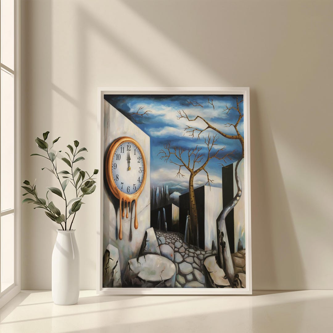 Surrealist Melting Clock Wall Art - Dreamy Abstract Landscape Canvas ...