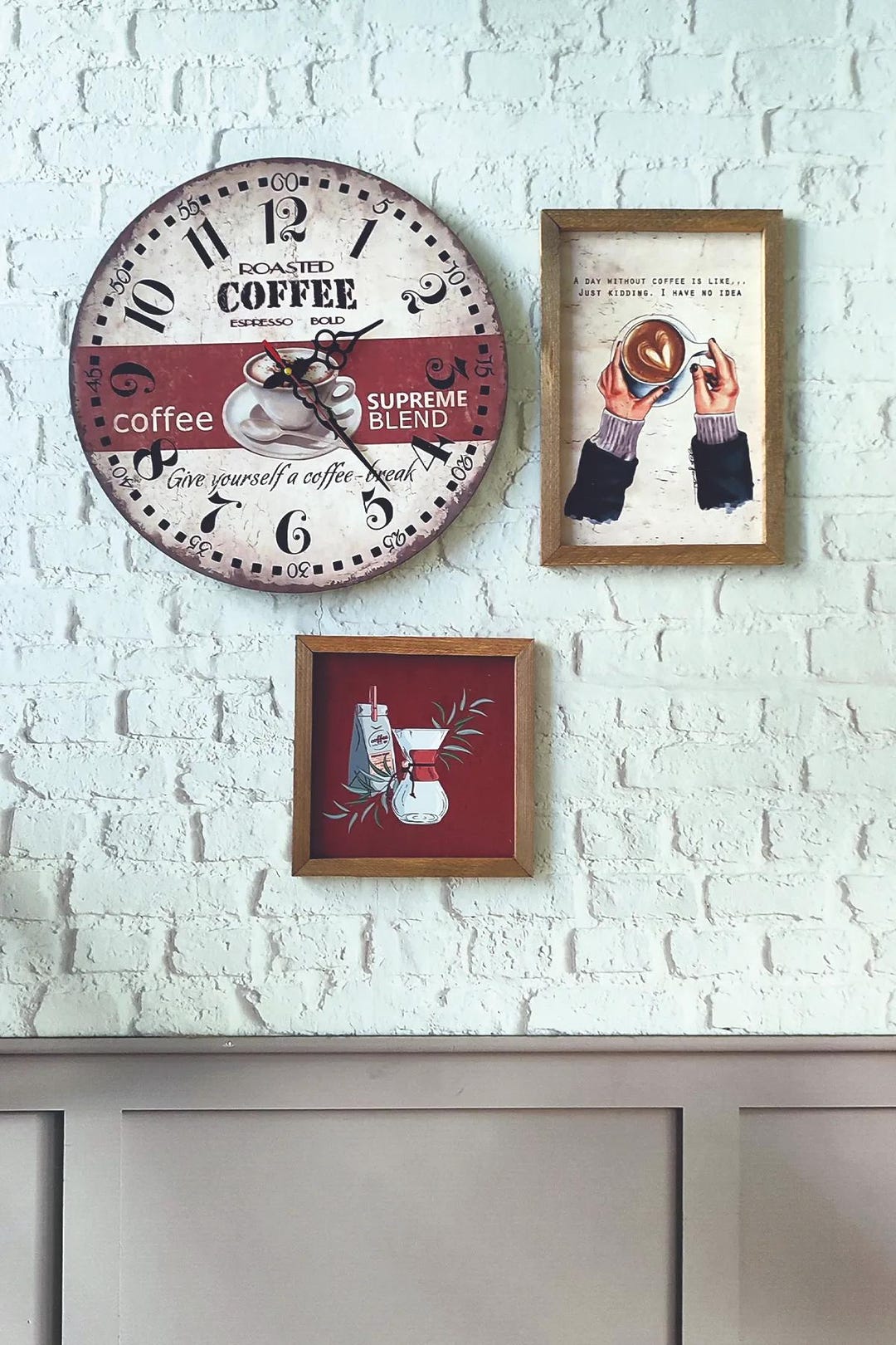 Rustic Coffee Wall Clock & 2-piece Wooden Wall Art Set Vintage Cafe ...