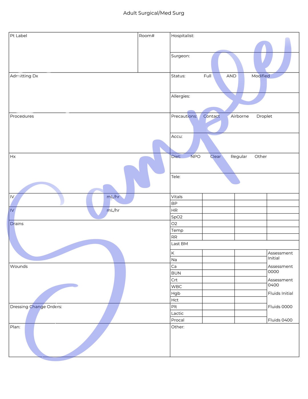 Adult Surgical/ Med Surg Report Sheet - Etsy
