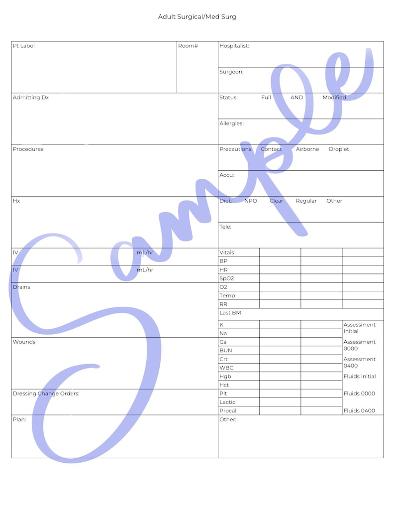 Adult Surgical/ Med Surg Report Sheet - Etsy
