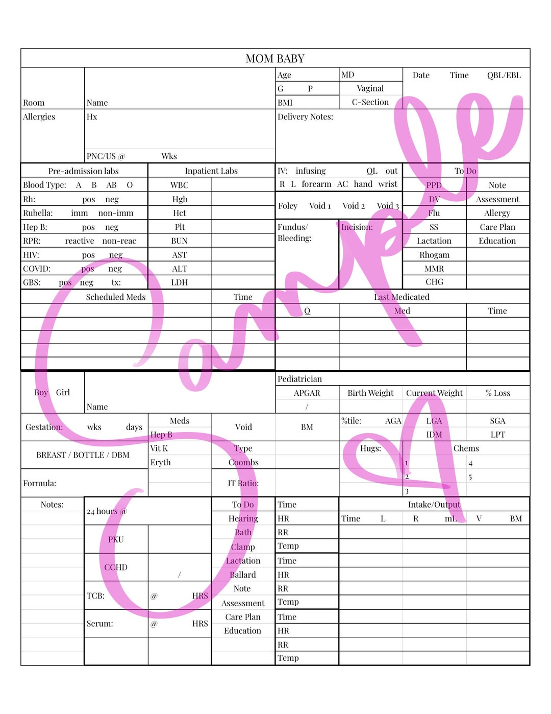 Mother Baby Report Sheet - Etsy