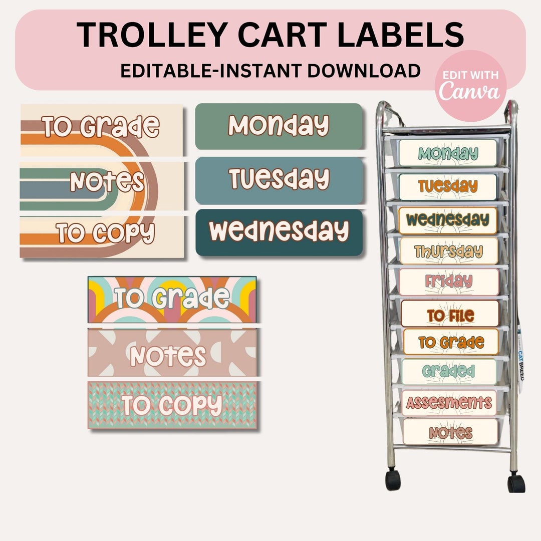 Classroom Rolling Trolley Cart Labels Editable Teacher Drawer Filing ...