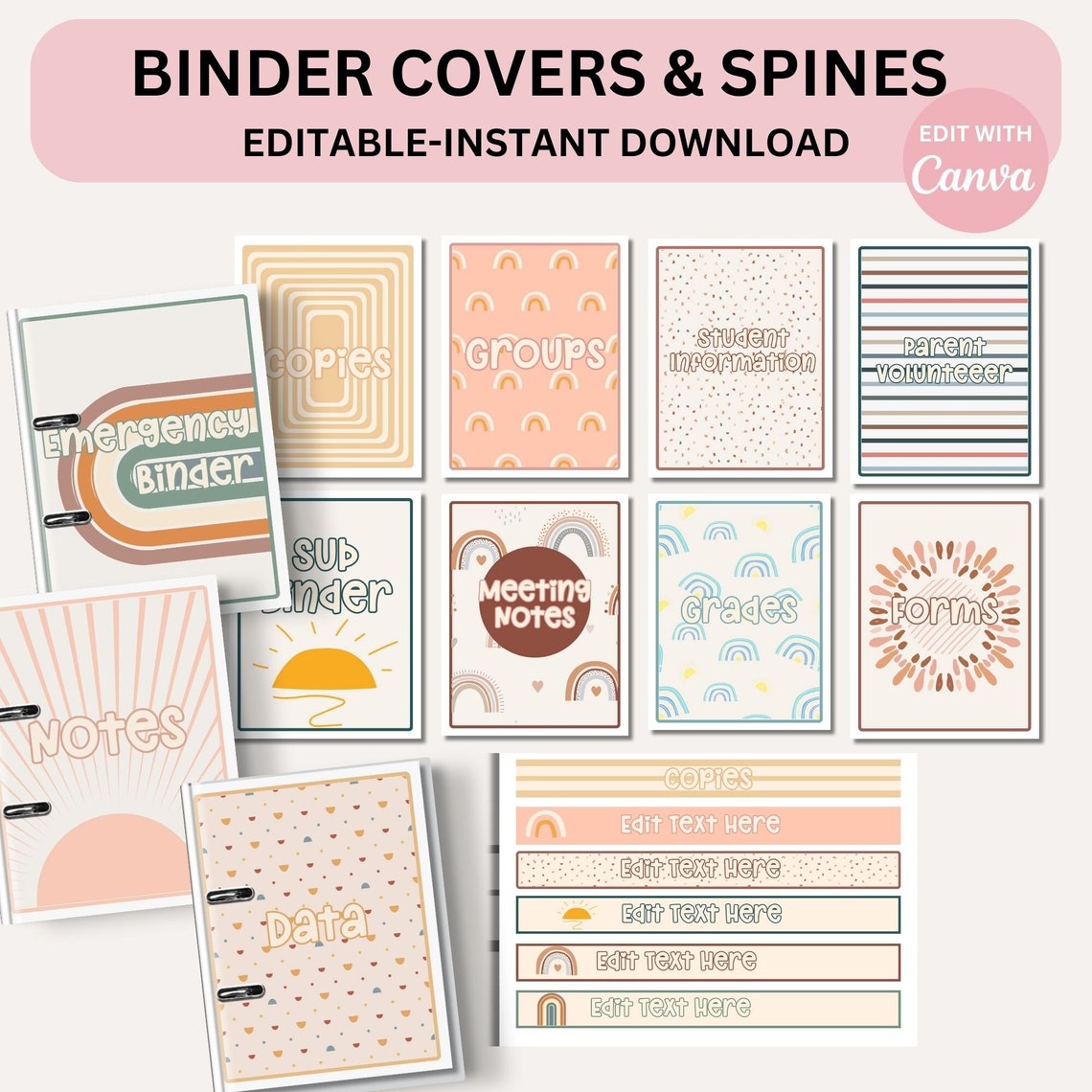 Classroom Binder Covers and Spines Editable Modern Boho Teacher ...