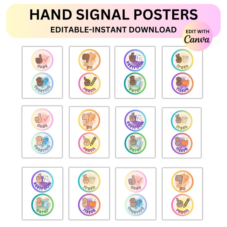 Classroom Hand Signals Poster Display Editable in Canva Watercolor ...