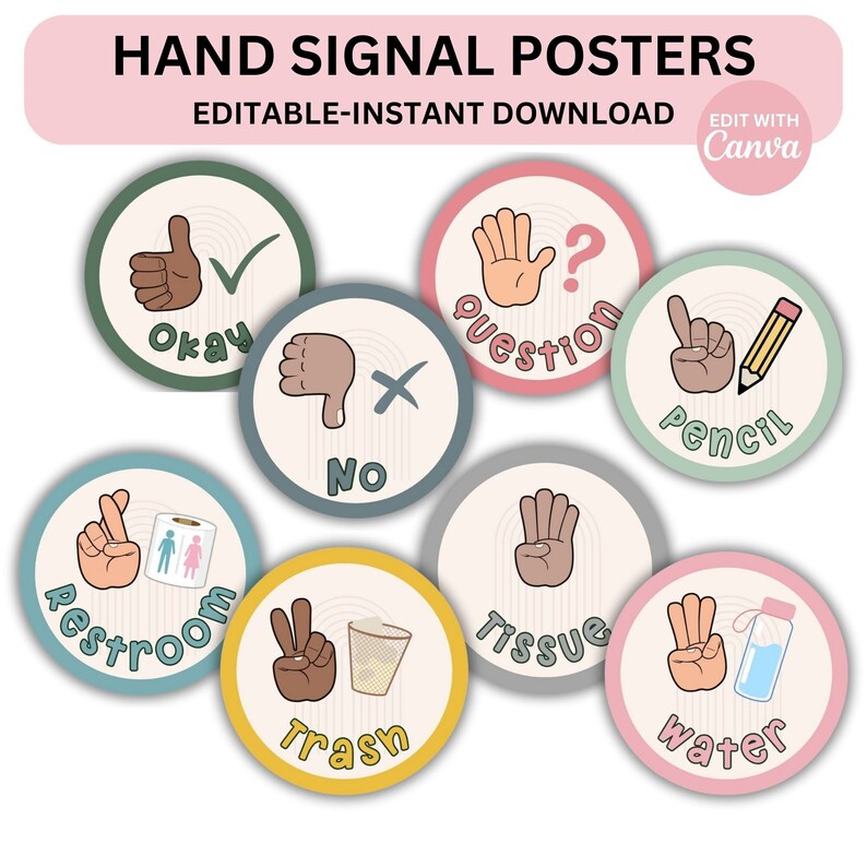 Classroom Hand Signals Poster Display Editable in Canva Boho Modern ...