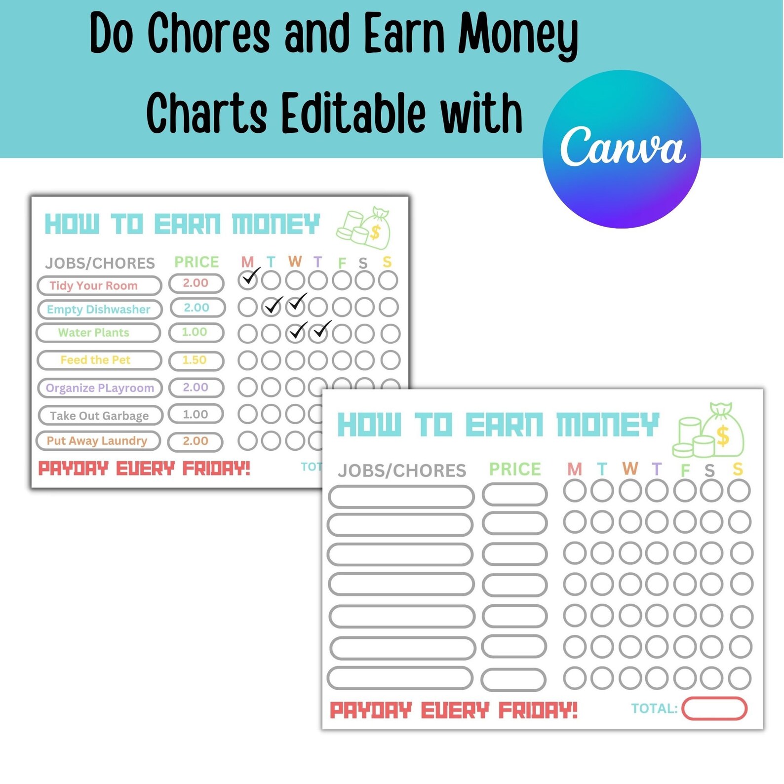 Kids Chore Chart Editable How to Earn Money Chart Editable Allowance ...