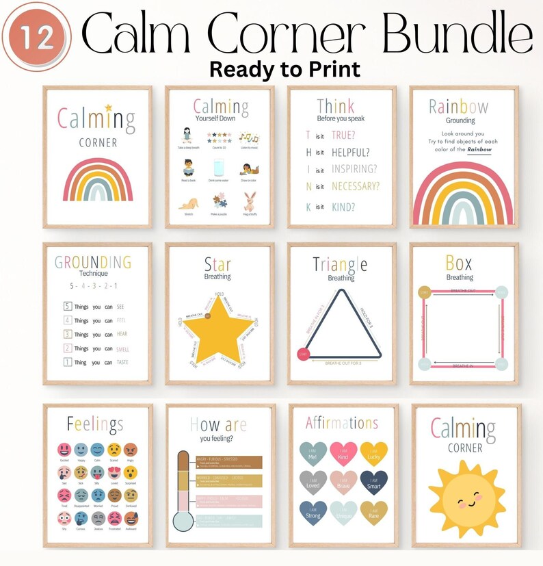 Set of 12 Soft Boho Calming Corner Posters Coping Techniques Wall Art ...
