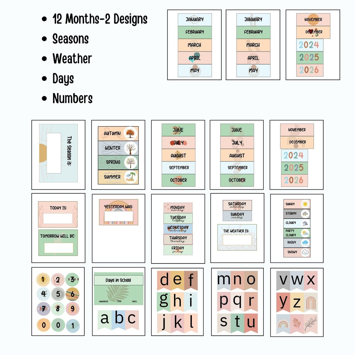 Classroom Calendar Display and Weather Station, Printable Modern Boho ...