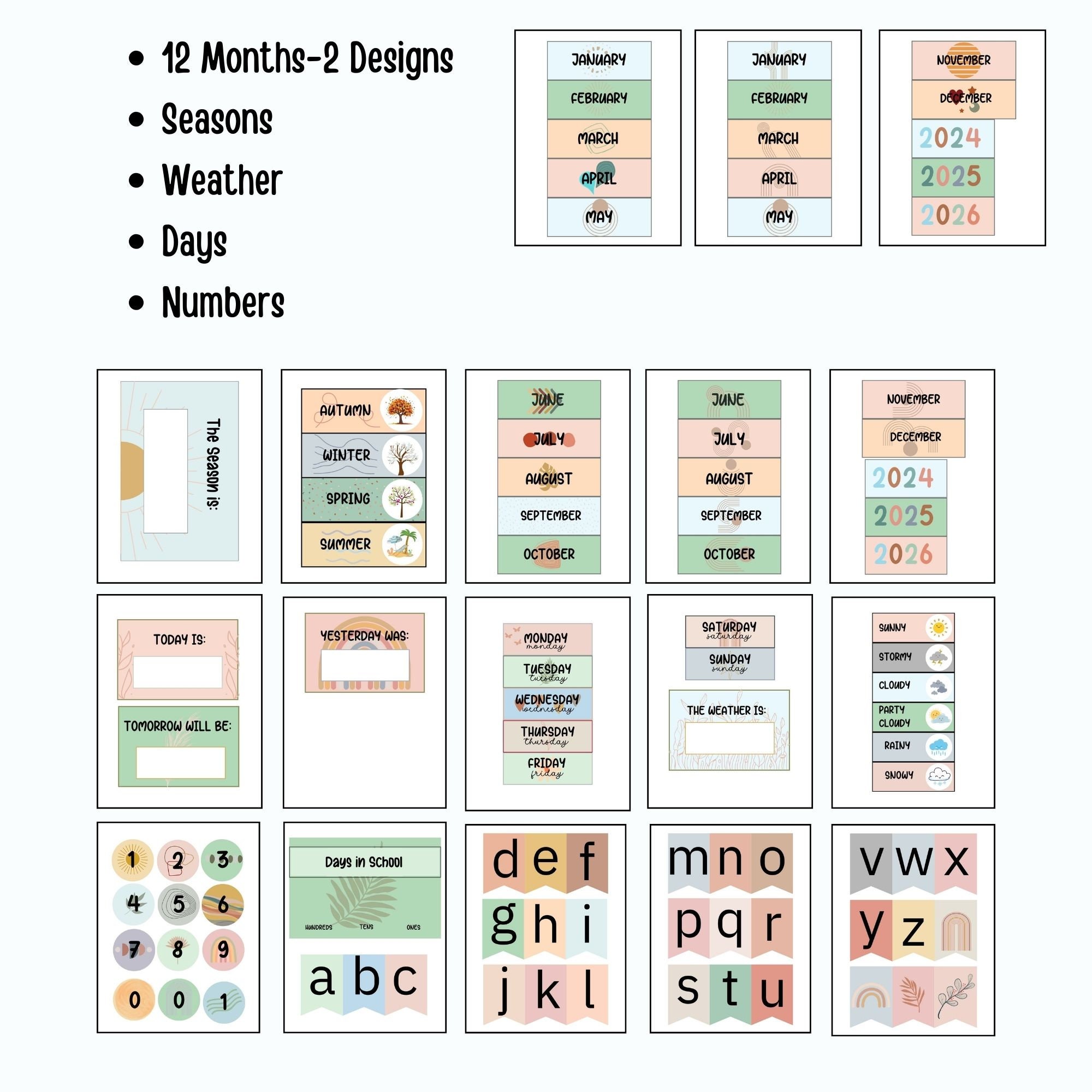 Classroom Calendar Display and Weather Station, Printable Modern Boho ...