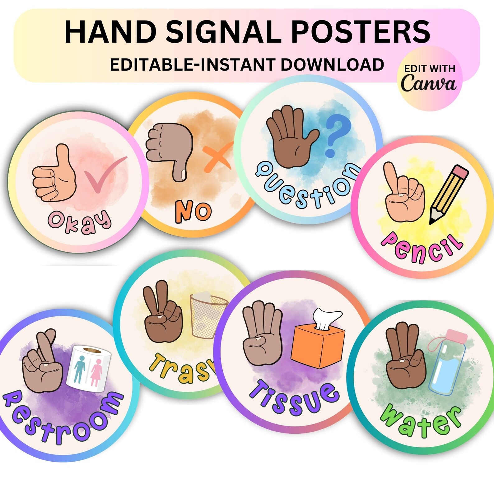 Classroom Hand Signals Poster Display Editable in Canva Watercolor ...