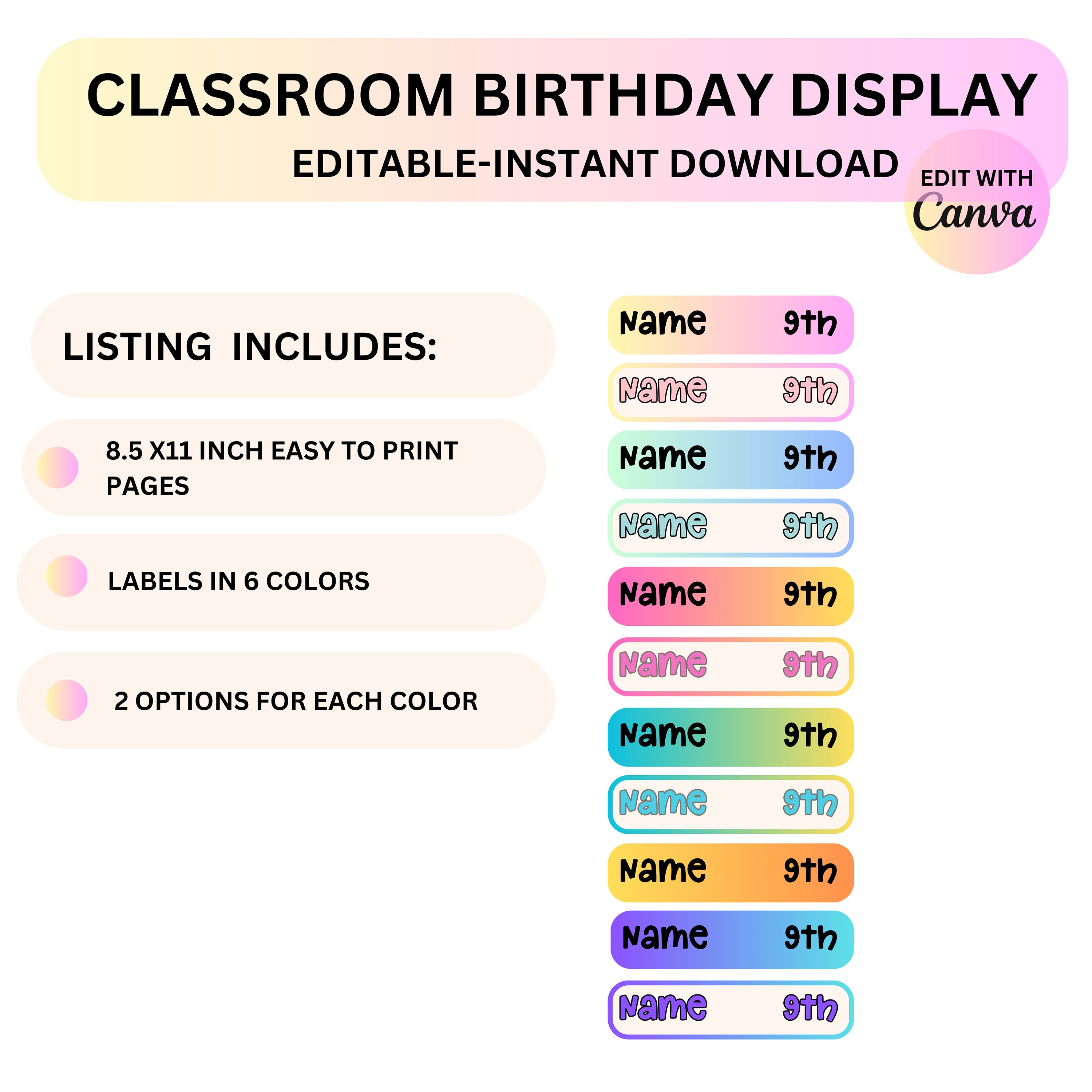 Classroom Birthday Printable Display Editable in Canva Watercolor ...