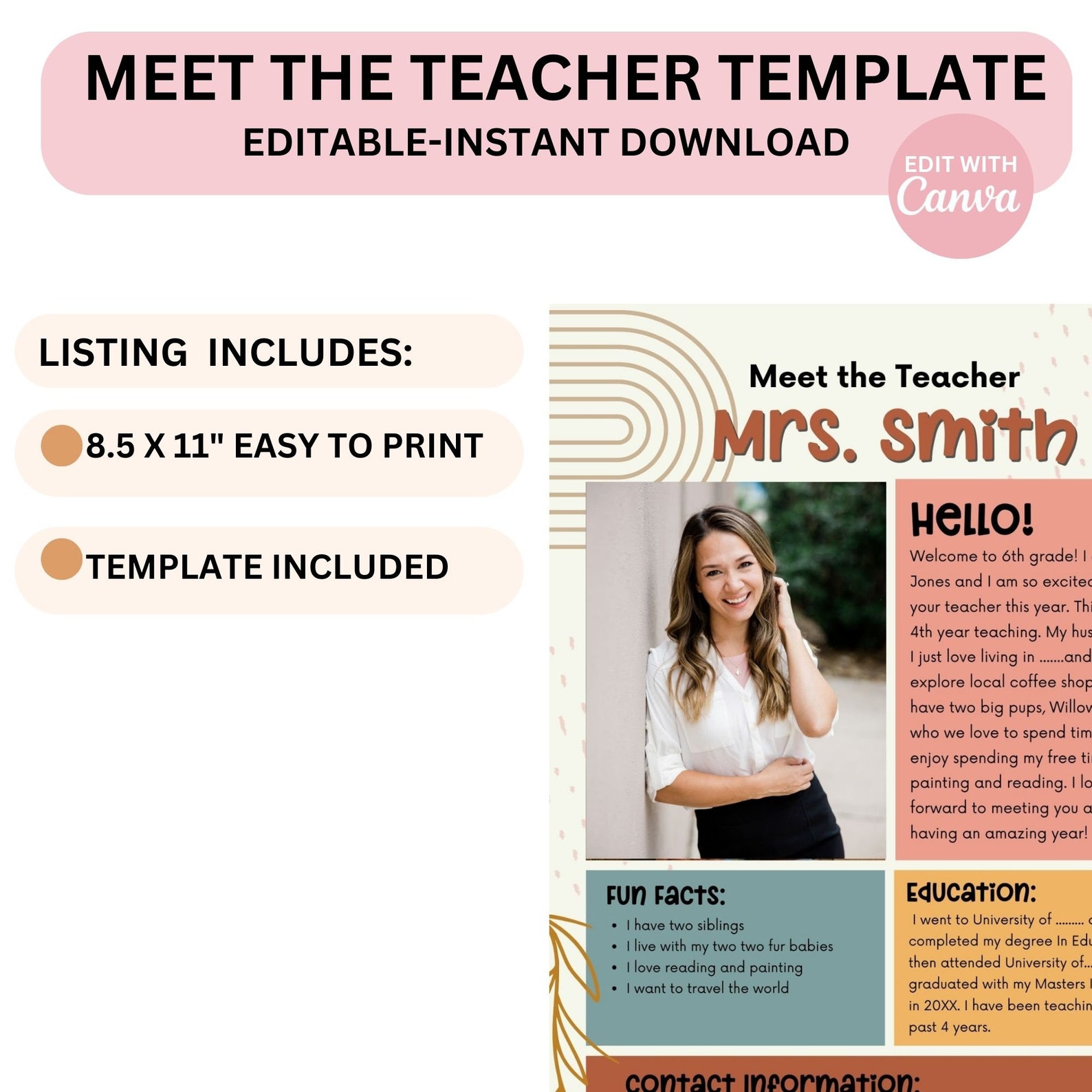 Meet the Teacher Classroom Printable Template Teacher Introduction Boho ...