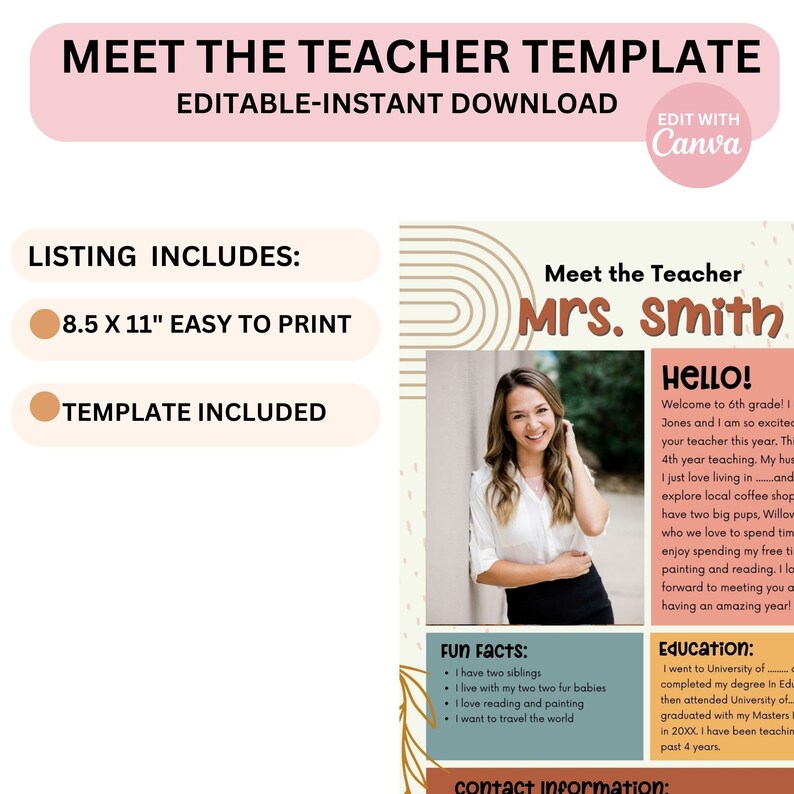 Meet the Teacher Classroom Printable Template Teacher Introduction Boho ...