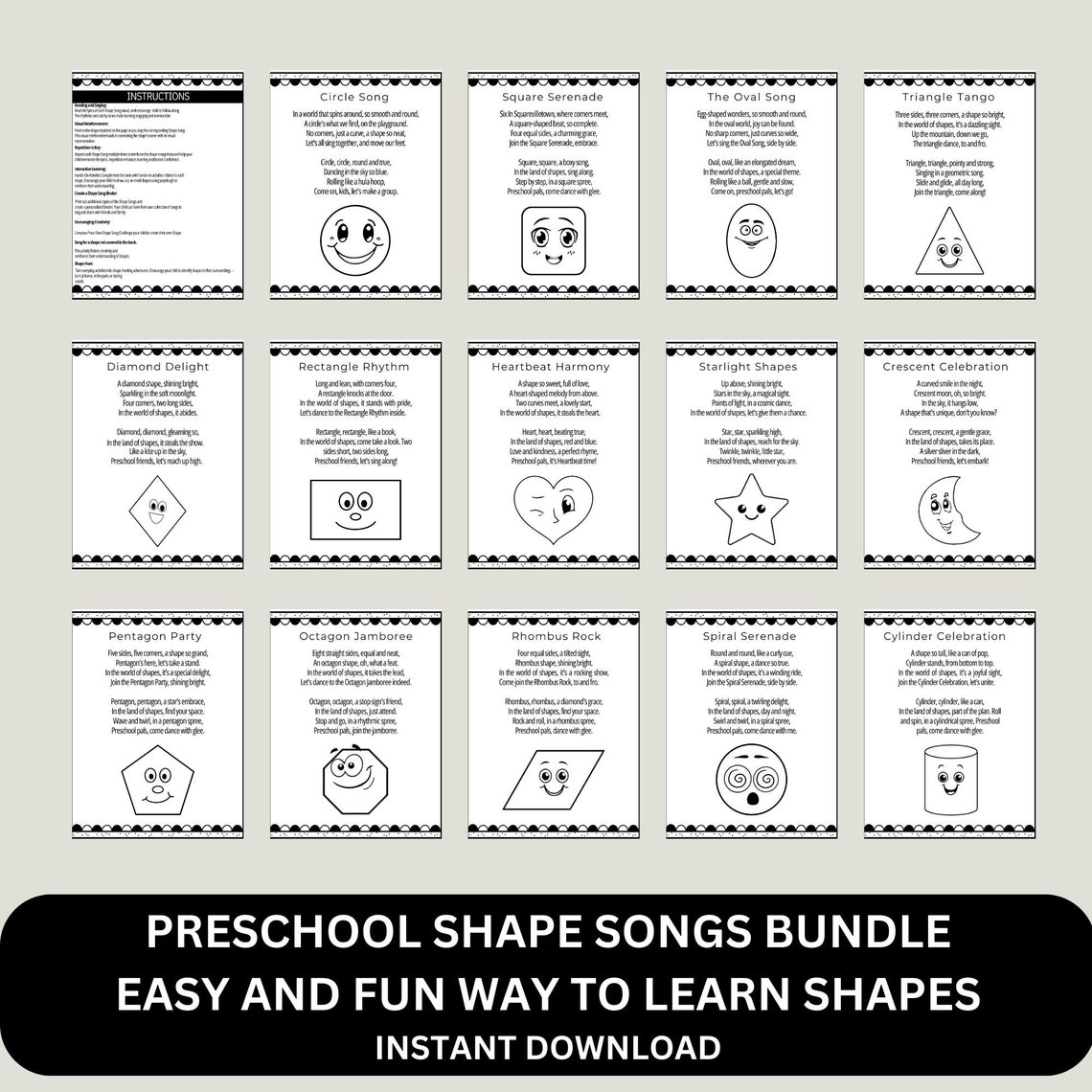 15 Shapes Song Cards Preschool Materials Homeschool Printables ...