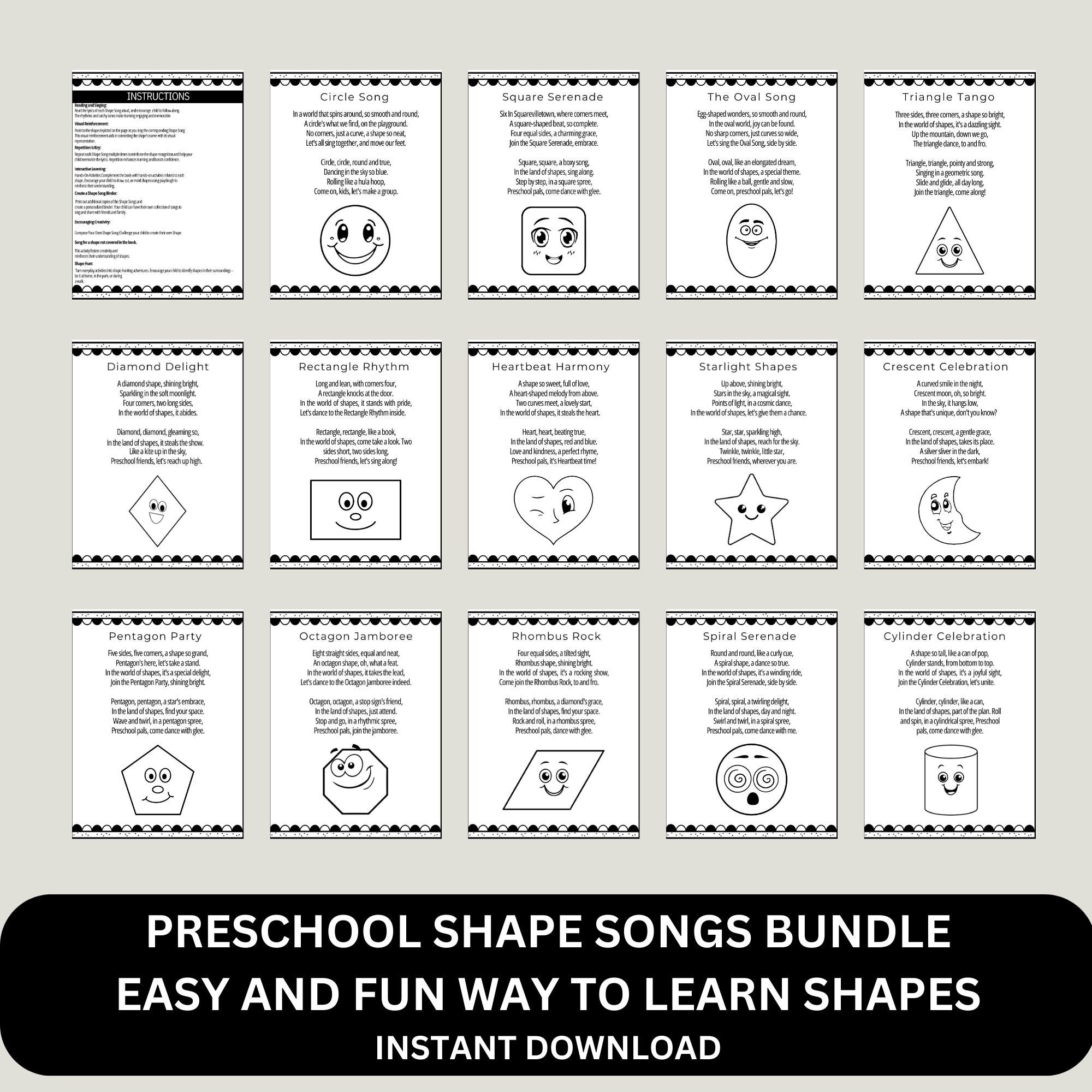 15 Shapes Song Cards Preschool Materials Homeschool Printables ...