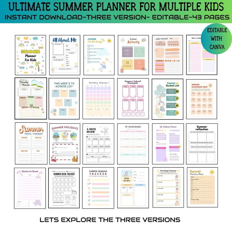 Printable Editable SUMMER Planner Bundle Summer Calendar Summer ...