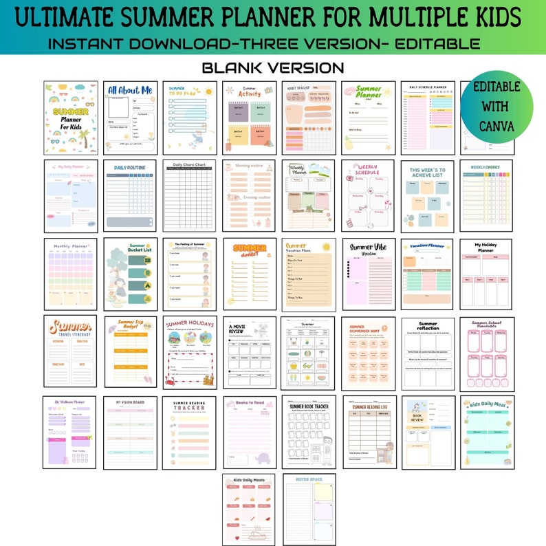 Printable Editable SUMMER Planner Bundle Summer Calendar Summer ...