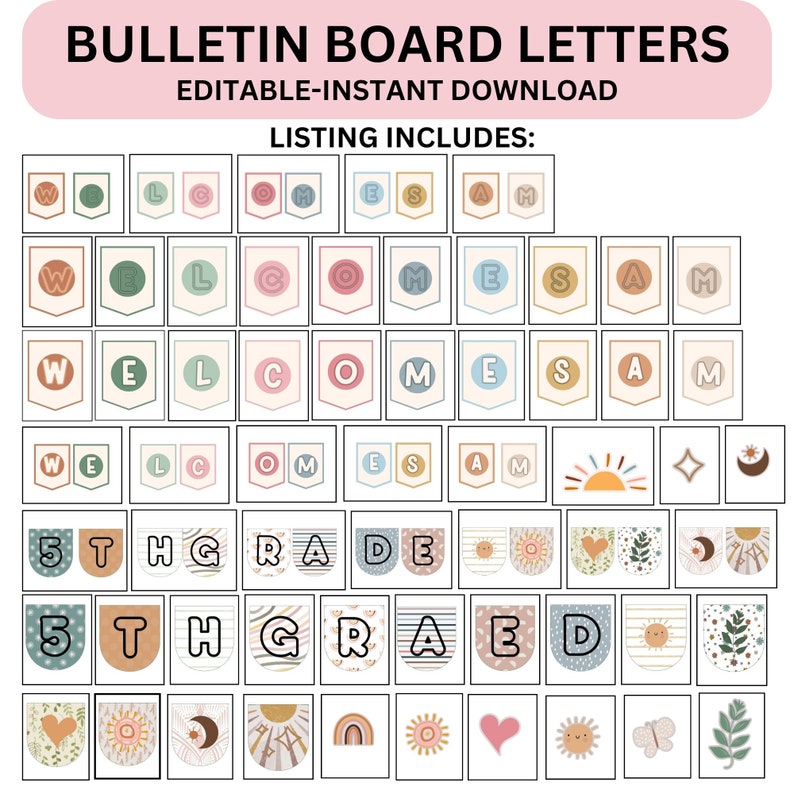 Classroom Bulletin Board Letters Editable in Canva Boho Modern ...