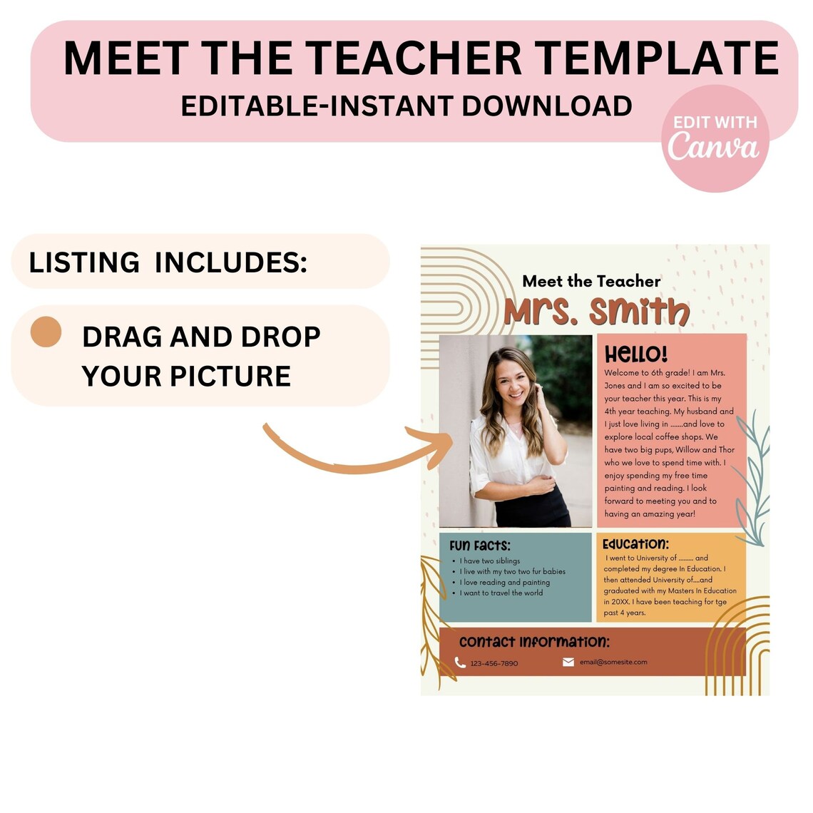 Meet the Teacher Classroom Printable Template Teacher Introduction Boho ...