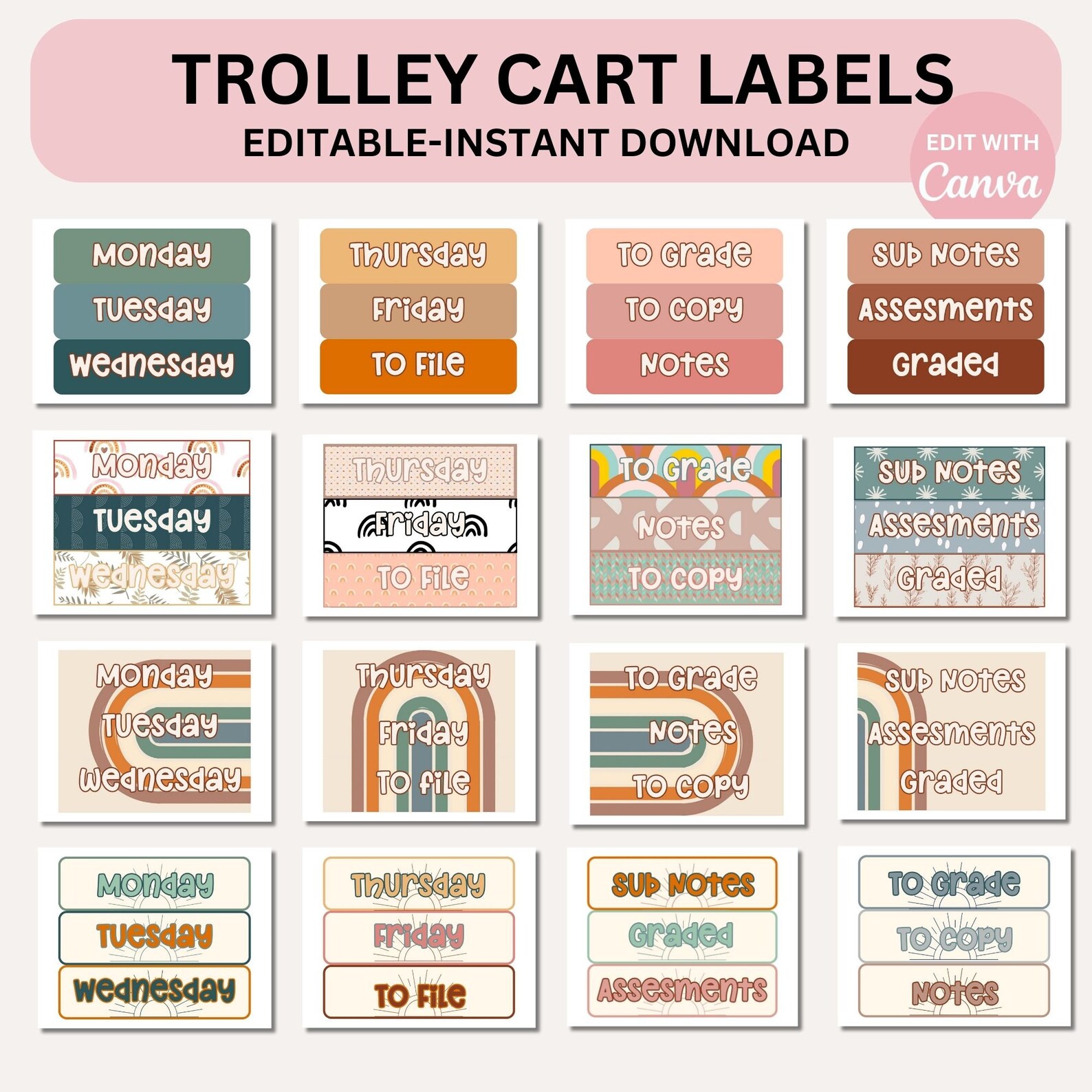 Classroom Rolling Trolley Cart Labels Editable Teacher Drawer Filing ...