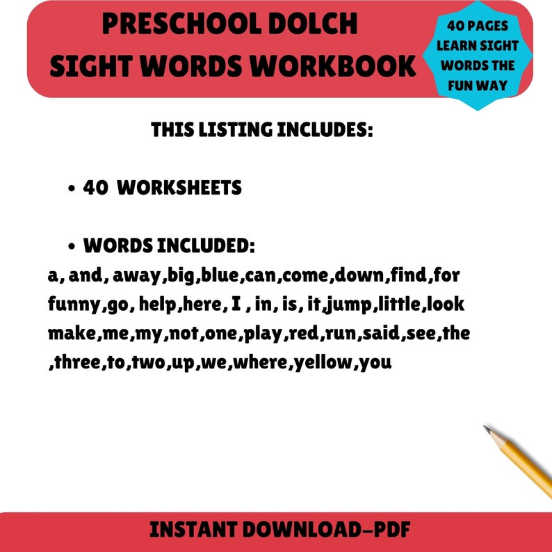 Sight Words Worksheets Printable Instant Download Preschool ...