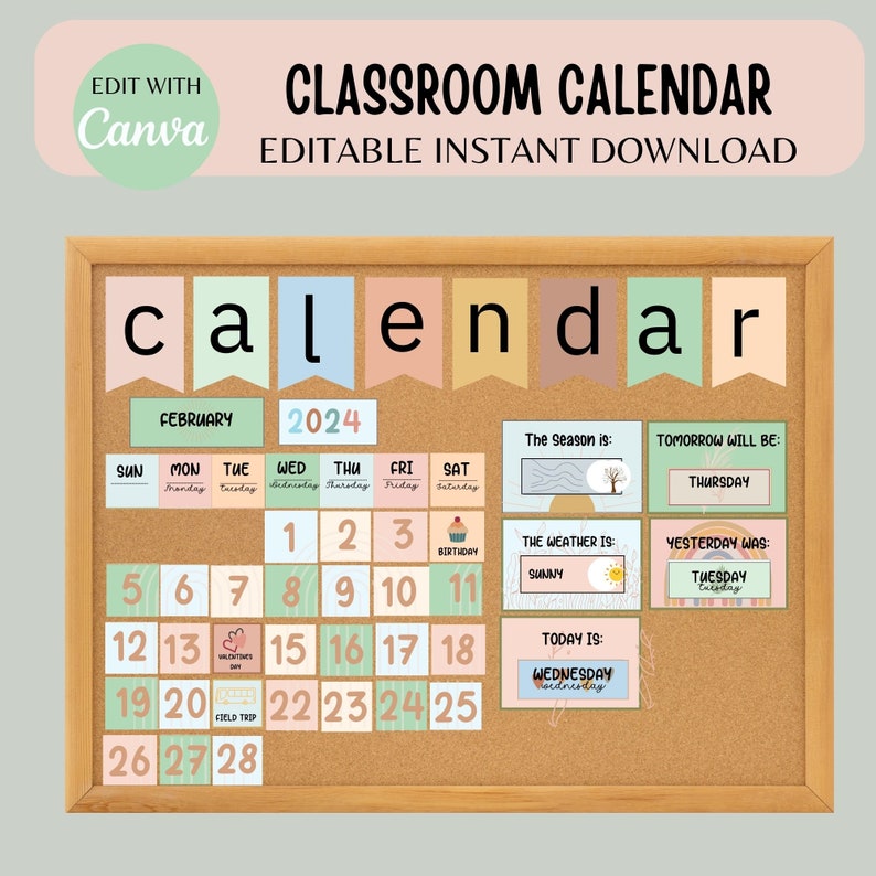 Classroom Calendar Display and Weather Station, Printable Modern Boho ...