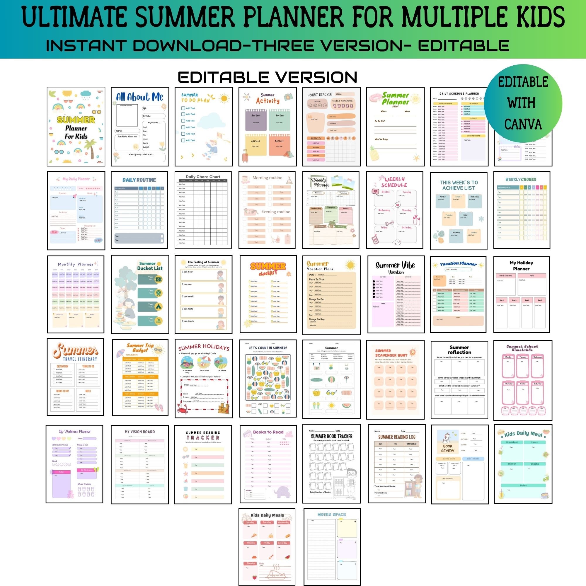 Printable Editable SUMMER Planner Bundle Summer Calendar Summer ...