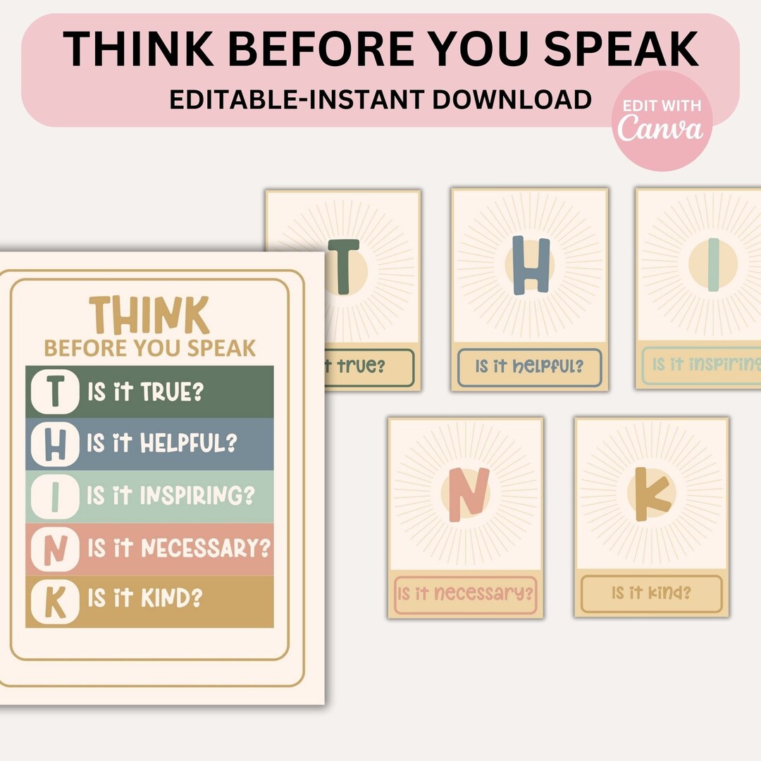 Think Before You Speak Editable Classroom Posters Printable Canva Boho ...