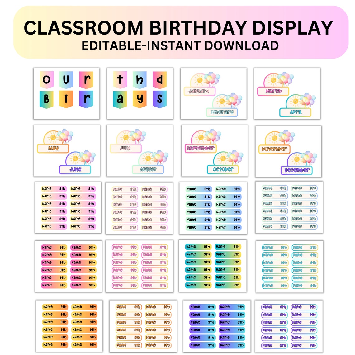 Classroom Birthday Printable Display Editable in Canva Watercolor ...