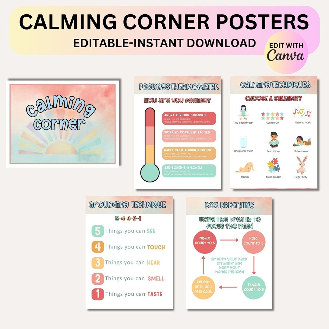 Calming Corner Editable Classroom Printables Watercolor Canva Classroom ...