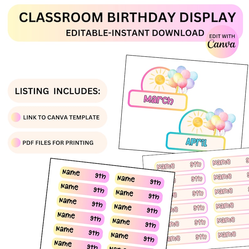 Classroom Birthday Printable Display Editable in Canva Watercolor ...