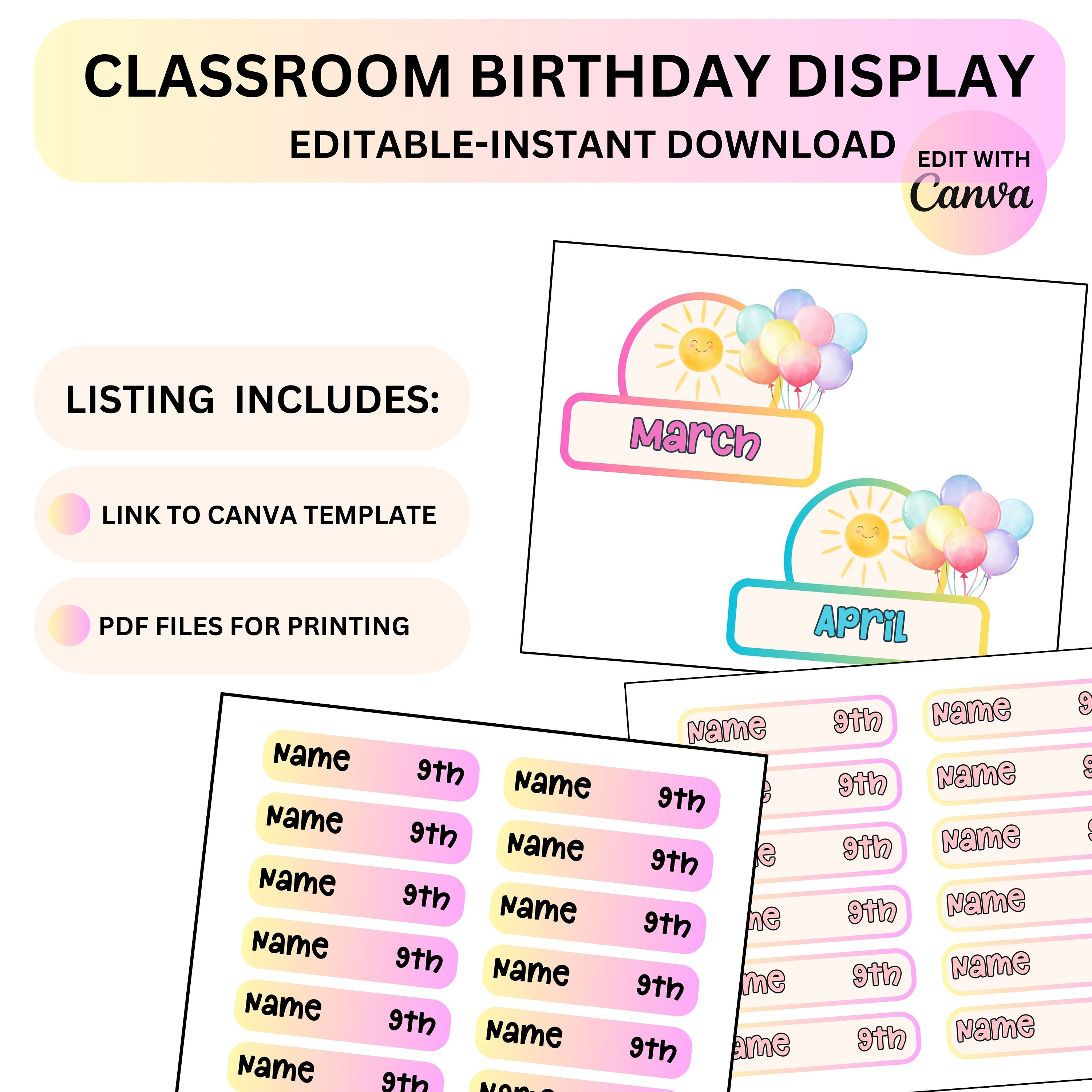 Classroom Birthday Printable Display Editable in Canva Watercolor ...
