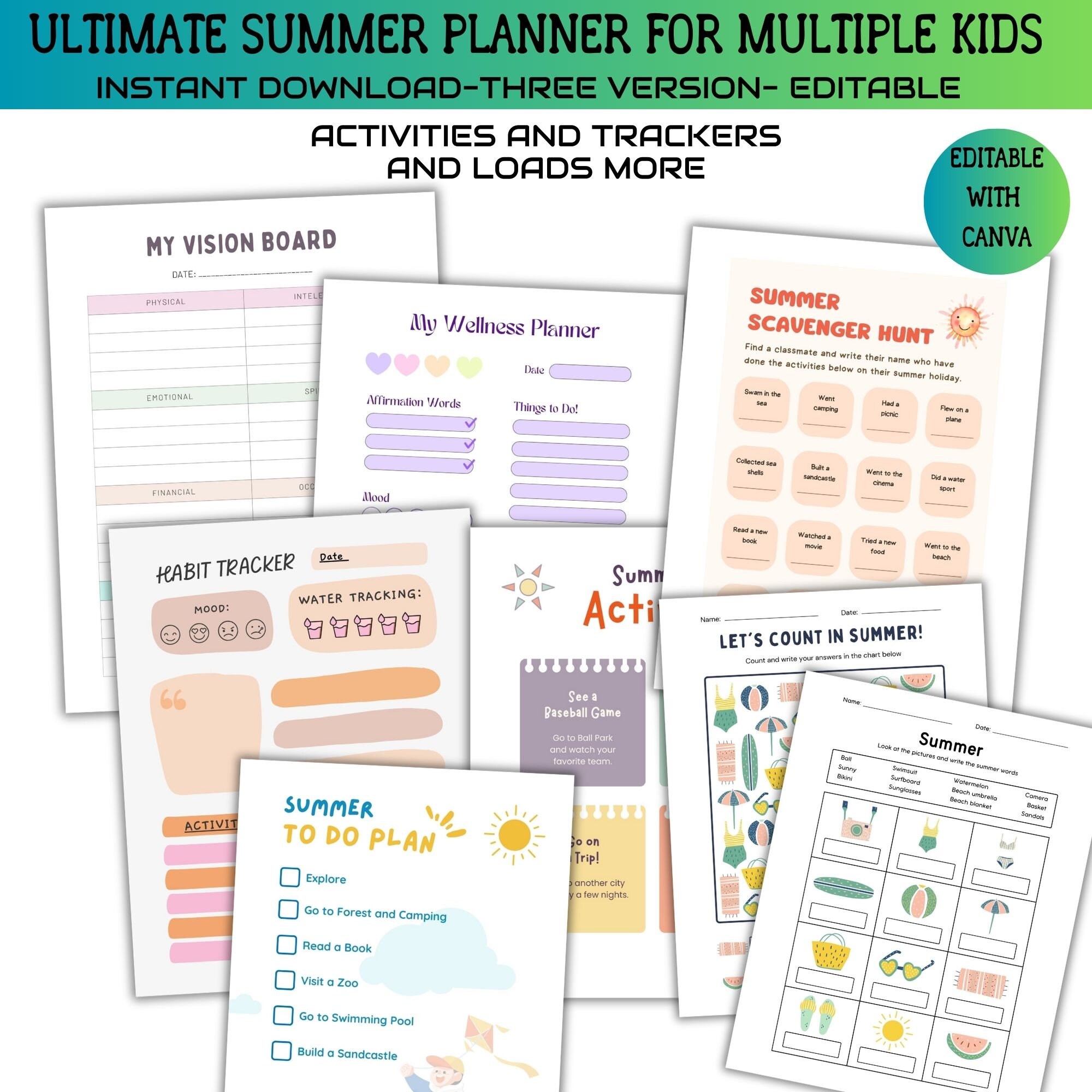 Printable Editable SUMMER Planner Bundle Summer Calendar Summer ...