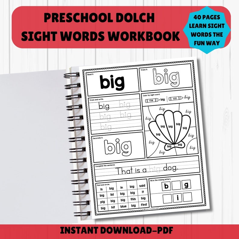 Sight Words Worksheets Printable Instant Download Preschool ...