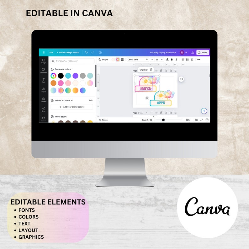 Classroom Birthday Printable Display Editable in Canva Watercolor ...