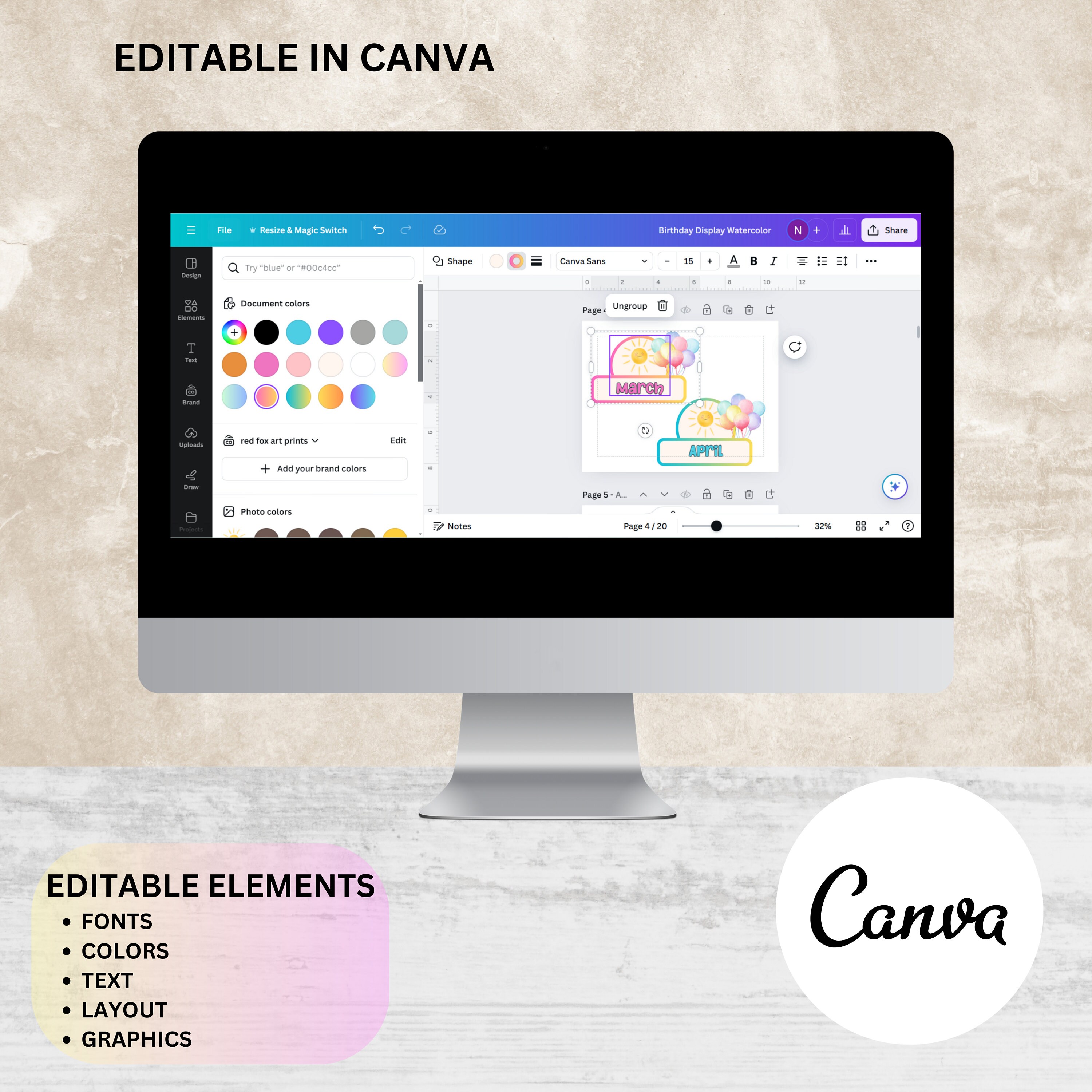 Classroom Birthday Printable Display Editable in Canva Watercolor ...