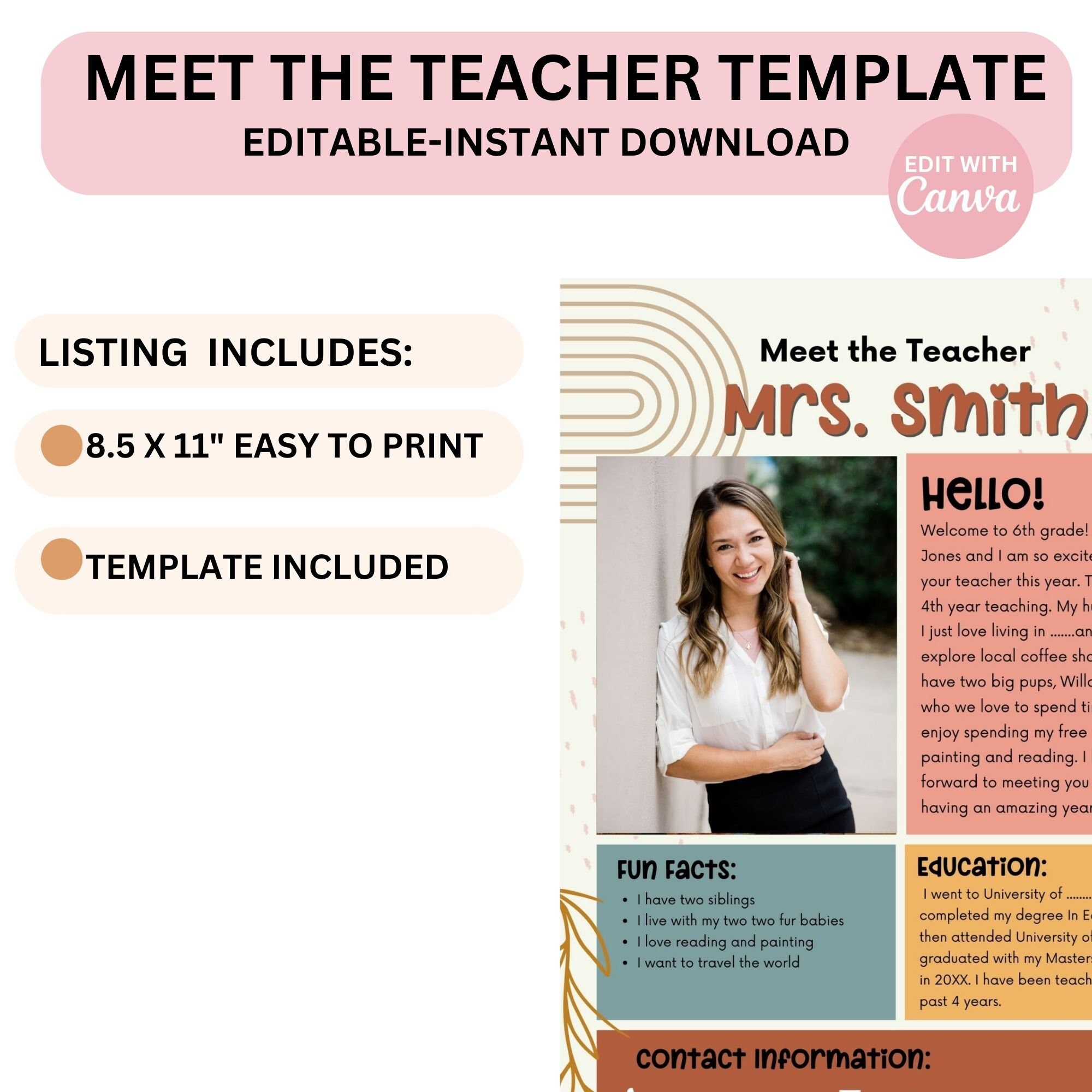 Meet the Teacher Classroom Printable Template Teacher Introduction Boho ...