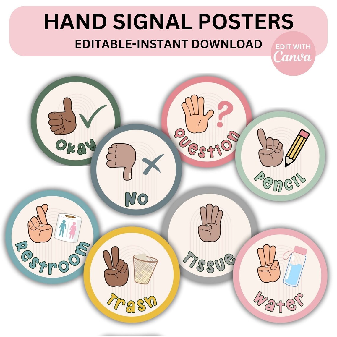 Classroom Hand Signals Poster Display Editable in Canva Boho Modern ...