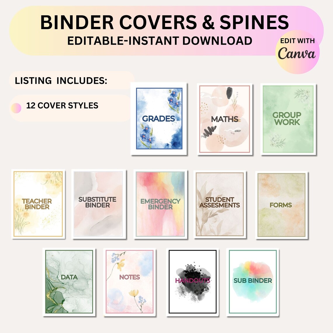 Classroom Binder Covers and Spines Editable Watercolor Teacher ...