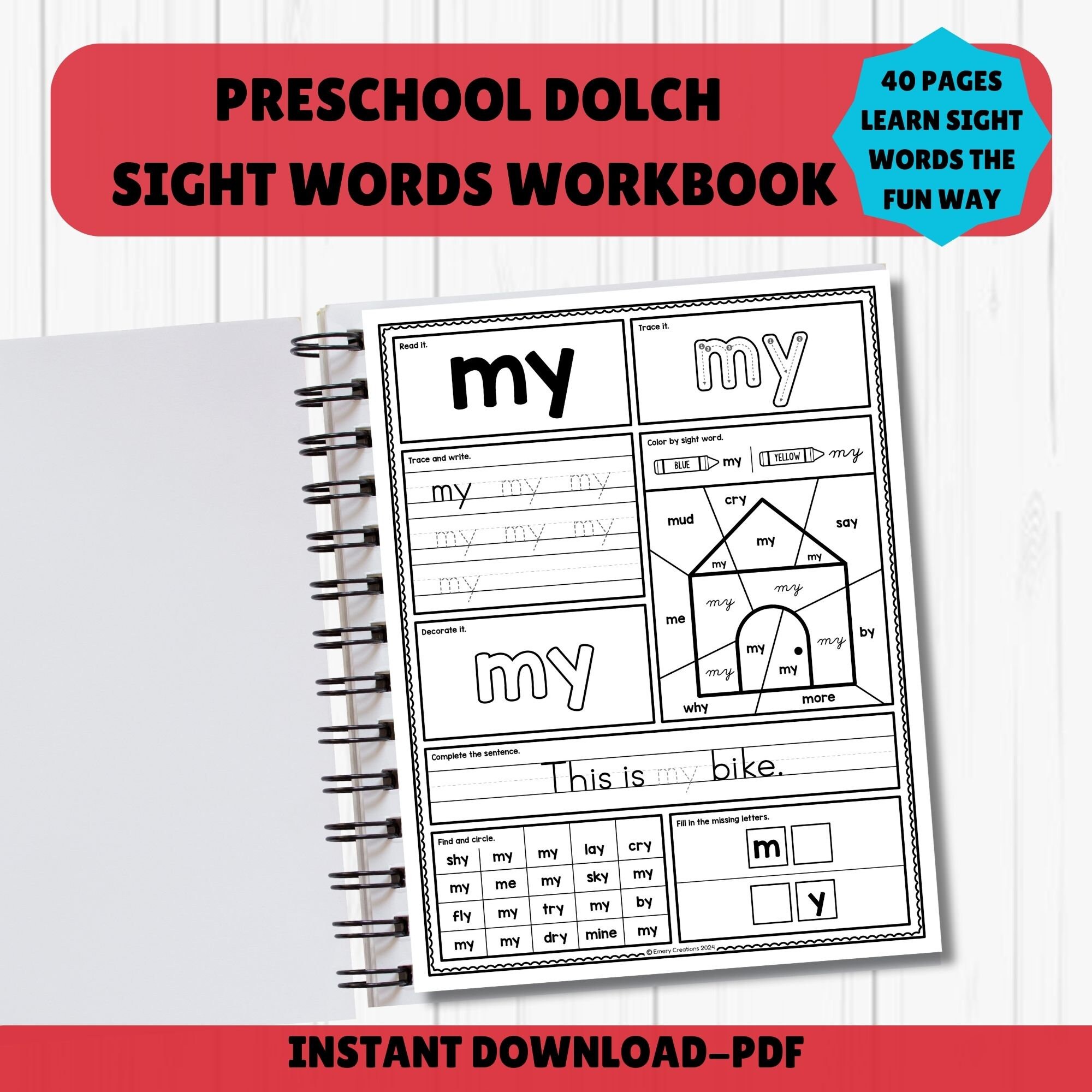 Sight Words Worksheets Printable Instant Download Preschool ...