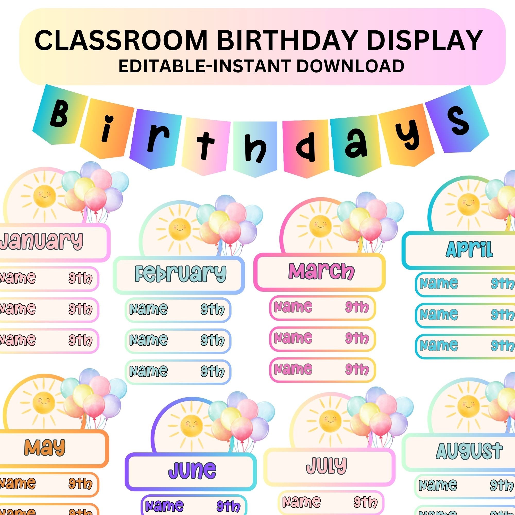 Classroom Birthday Printable Display Editable in Canva Watercolor ...