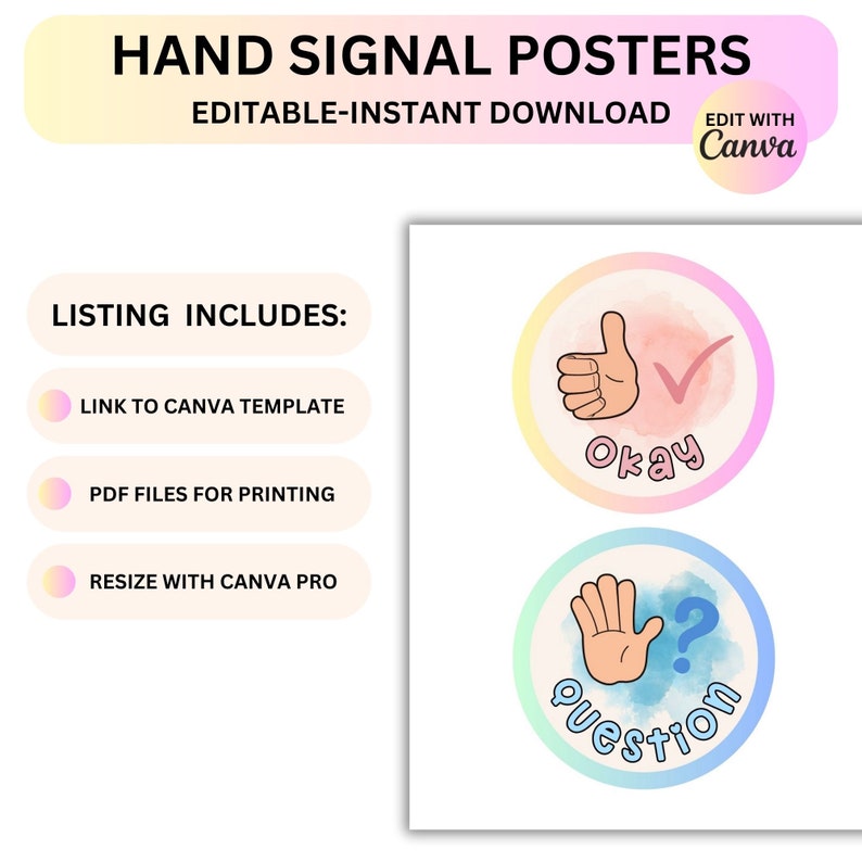Classroom Hand Signals Poster Display Editable in Canva Watercolor ...