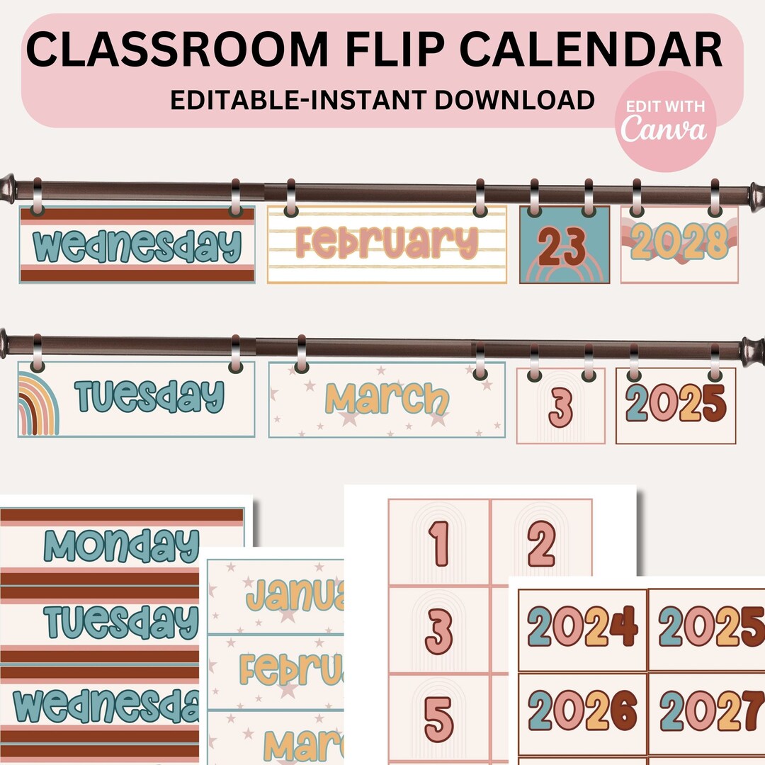 Classroom Flip Calendar Display Modern Boho Classroom Decor Editable ...