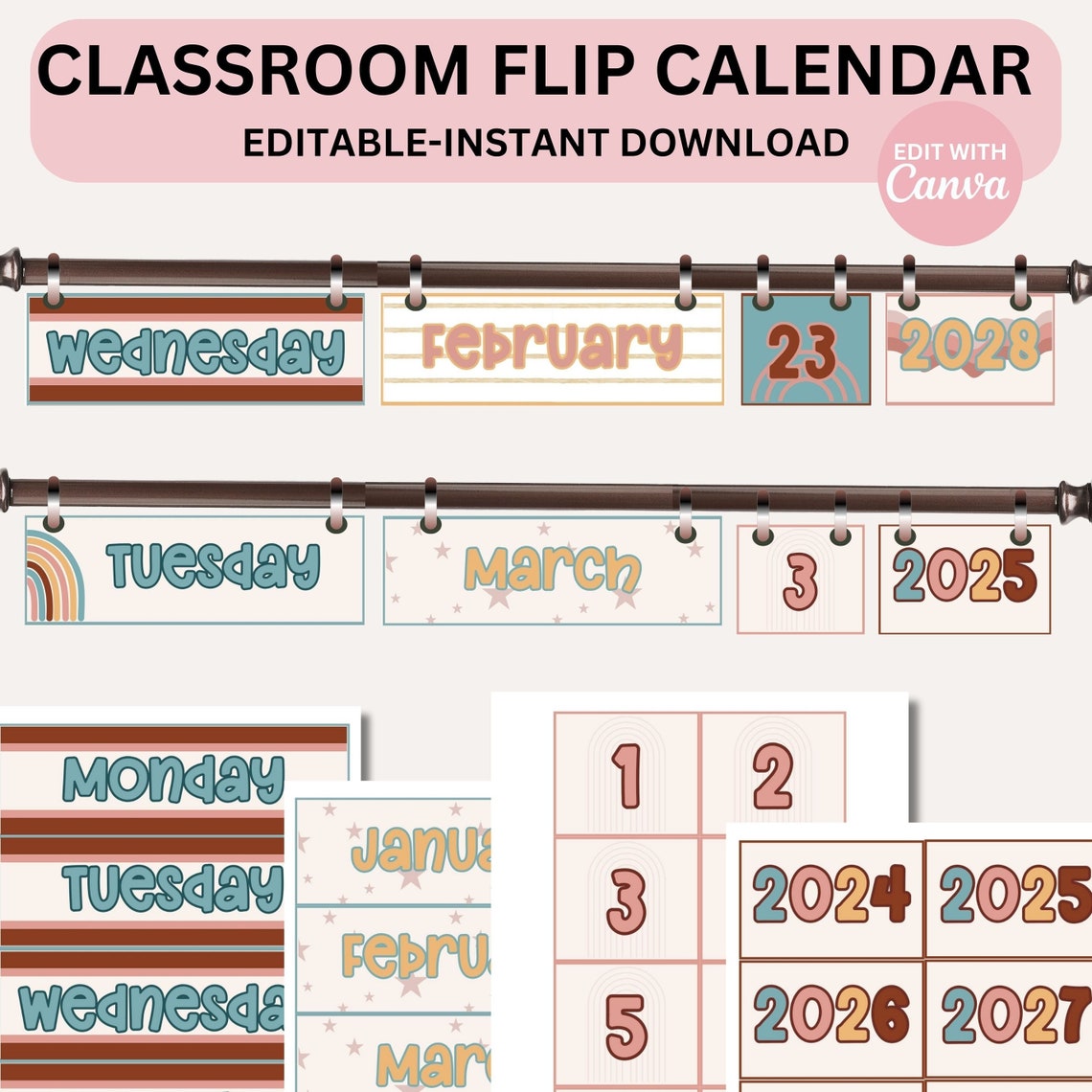 Classroom Flip Calendar Display Modern Boho Classroom Decor Editable ...
