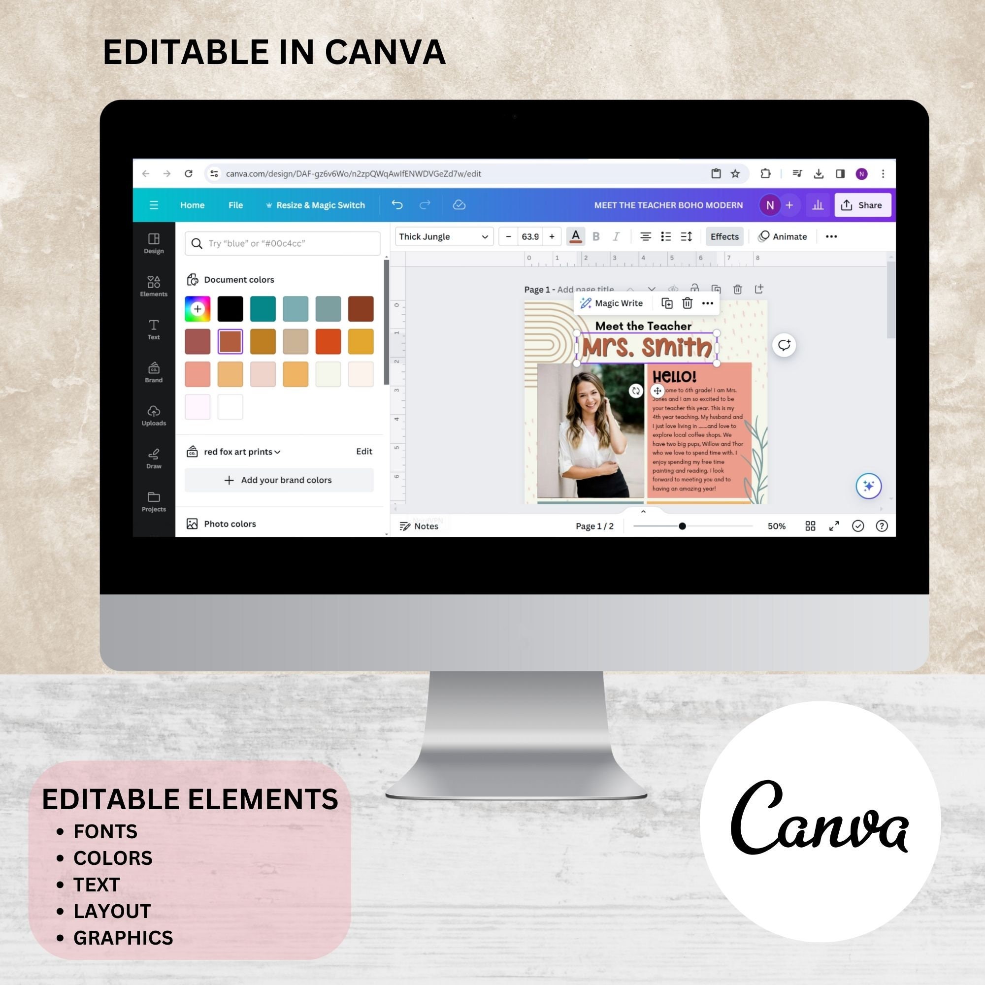 Meet the Teacher Classroom Printable Template Teacher Introduction Boho ...