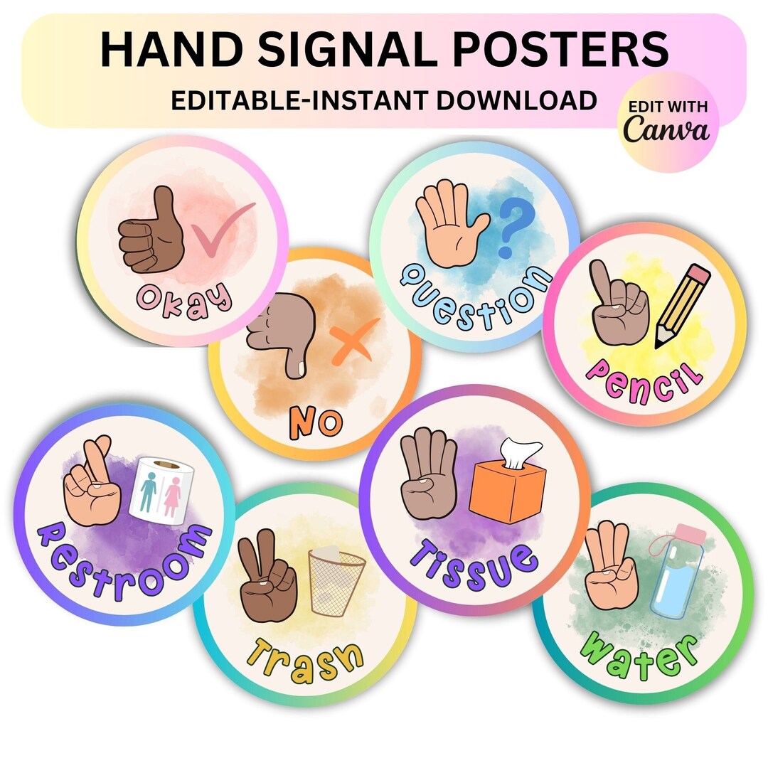 Classroom Hand Signals Poster Display Editable in Canva Watercolor ...
