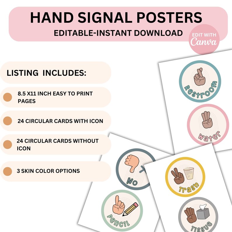 Classroom Hand Signals Poster Display Editable in Canva Boho Modern ...
