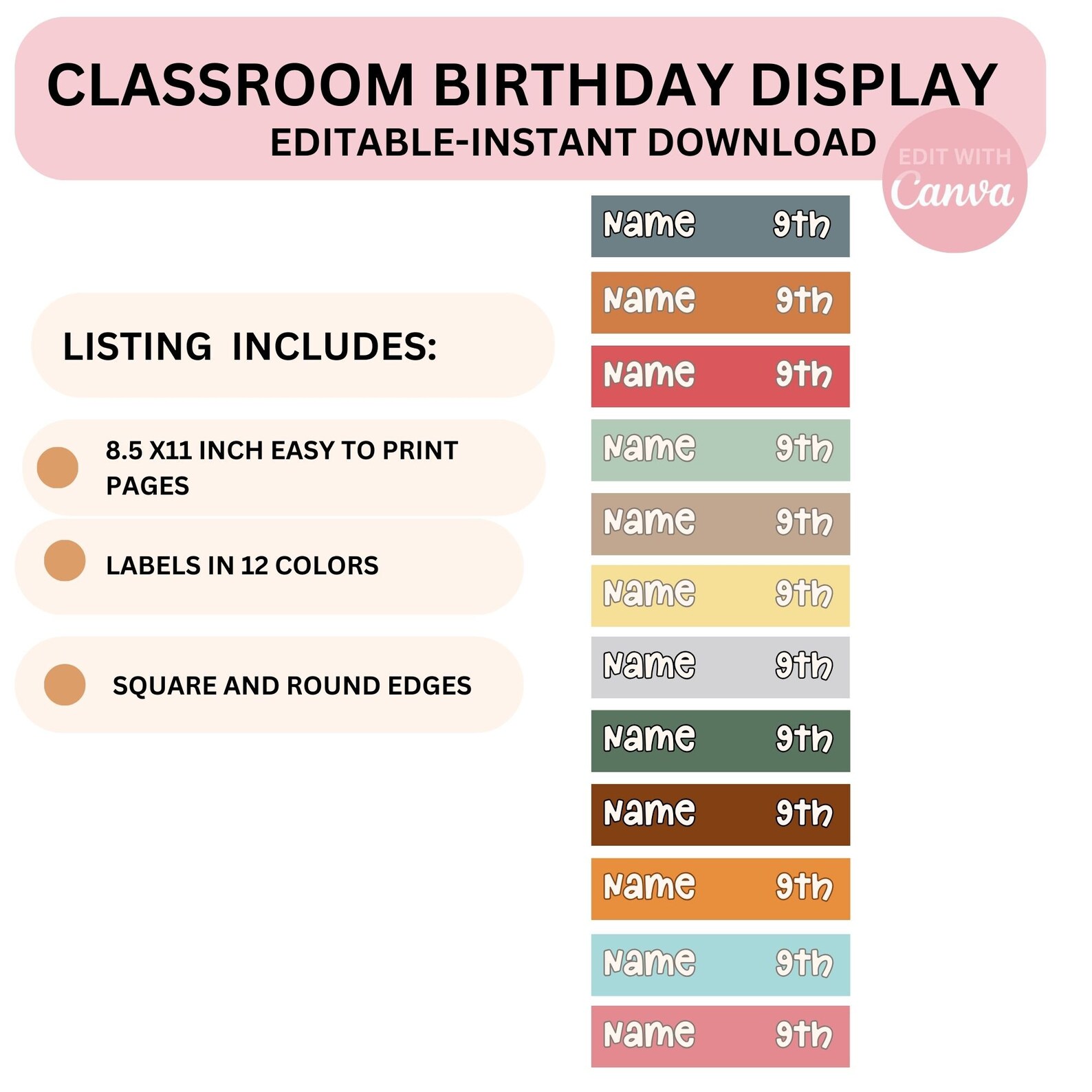 Classroom Birthday Printable Display Editable in Canva Boho Modern ...