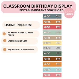 Classroom Birthday Printable Display Editable in Canva Boho Modern ...