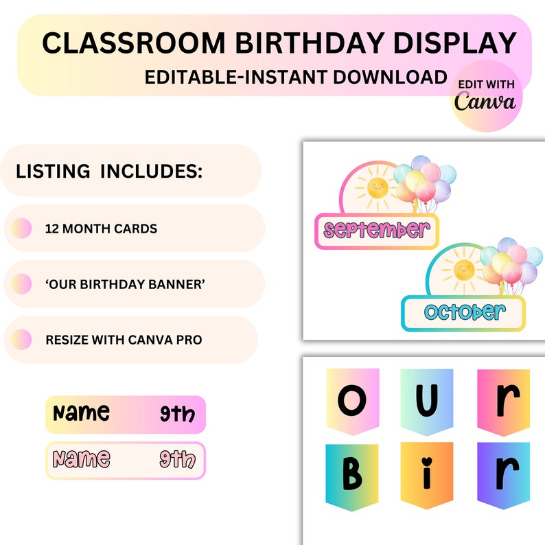 Classroom Birthday Printable Display Editable in Canva Watercolor ...
